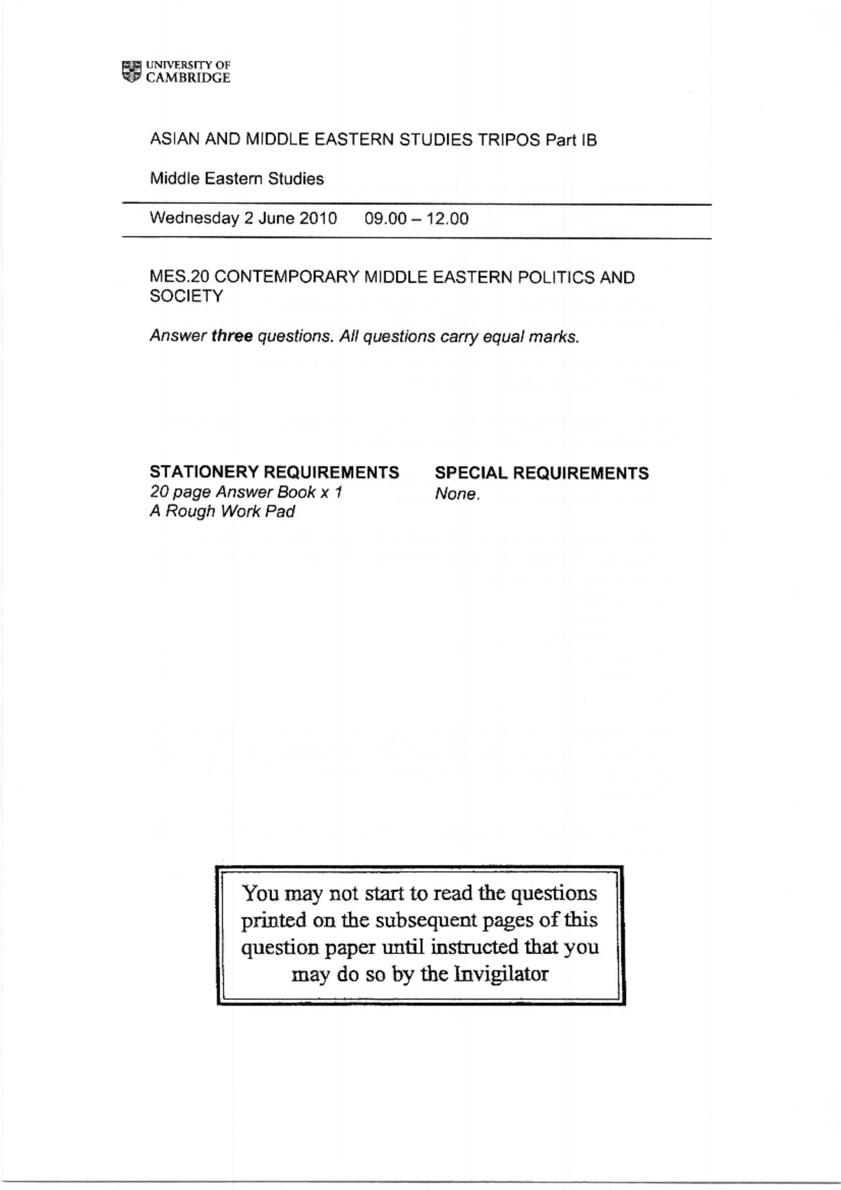 Exam 2010, questions - UNIVERSITY OF as? CAMBRIDGE ASIAN AND MIDDLE ...