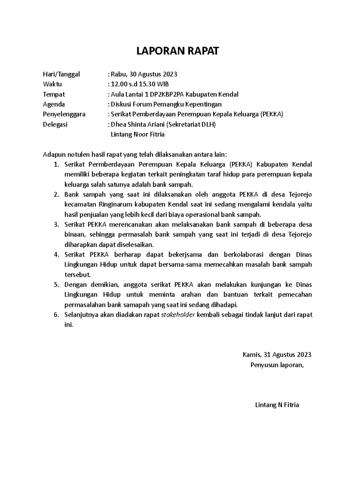 Laporan Rapat - LAPORAN RAPAT Hari/Tanggal : Rabu, 30 Agustus 2023 ...