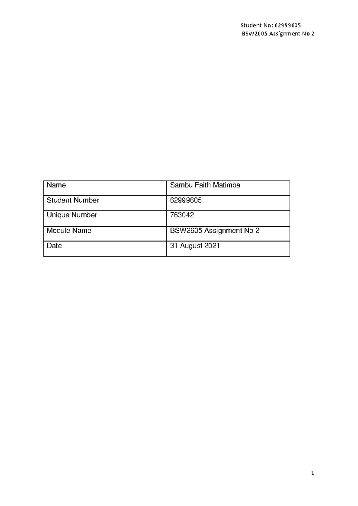 Assignment NO 2 - Name Sambu Faith Matimba BSW2605 Assignment No Student Number Unique Number ...
