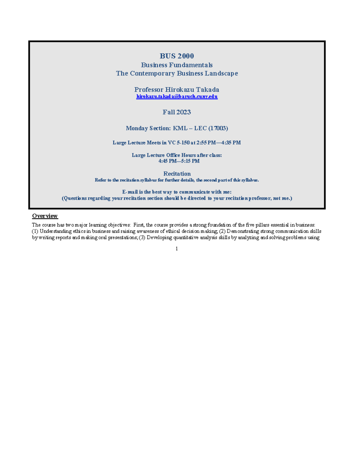 Syllabus BUS 2000 Fall 2023 KML-LEC - BUS 2000 Business Fundamentals ...