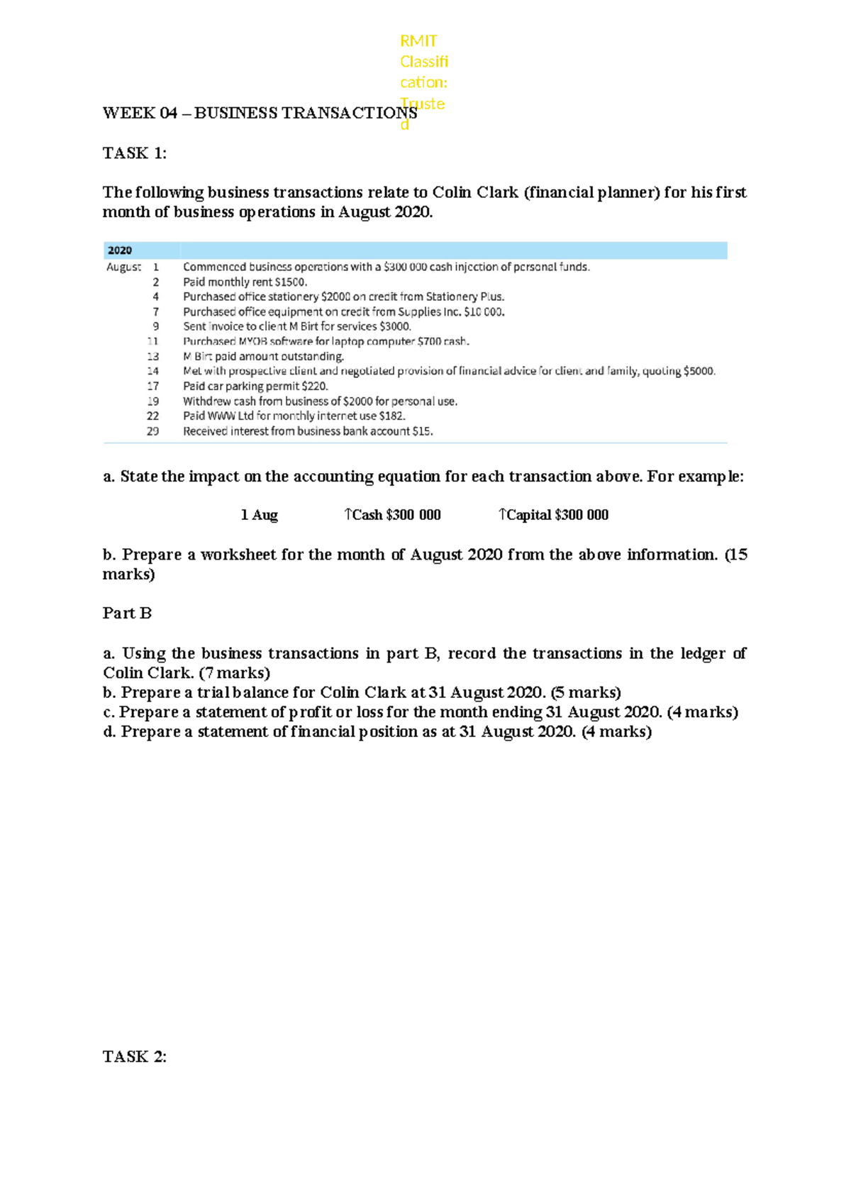 Week 4 Tutorial Questions - RMIT Classifi cation: Truste d WEEK 04 – BUSINESS TRANSACTIONS TASK ...