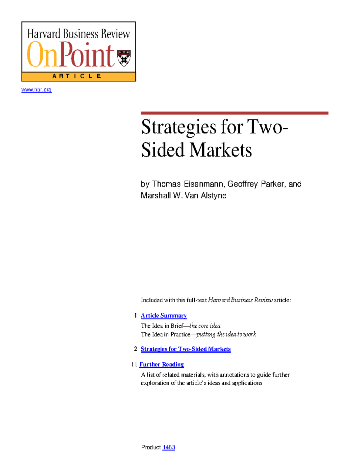5 Strategies for Two- Eisenmann - hbr Strategies for Two- Sided Markets ...