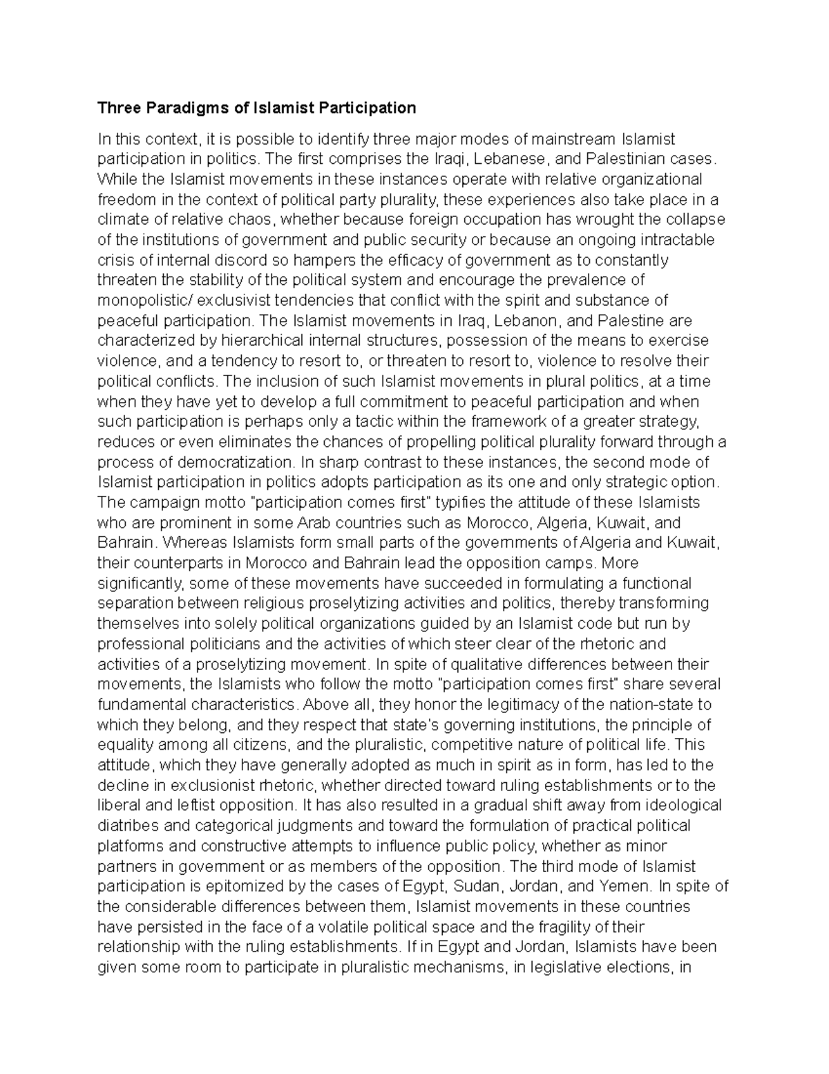 Three Paradigms of Islamist Participation - The first comprises the ...