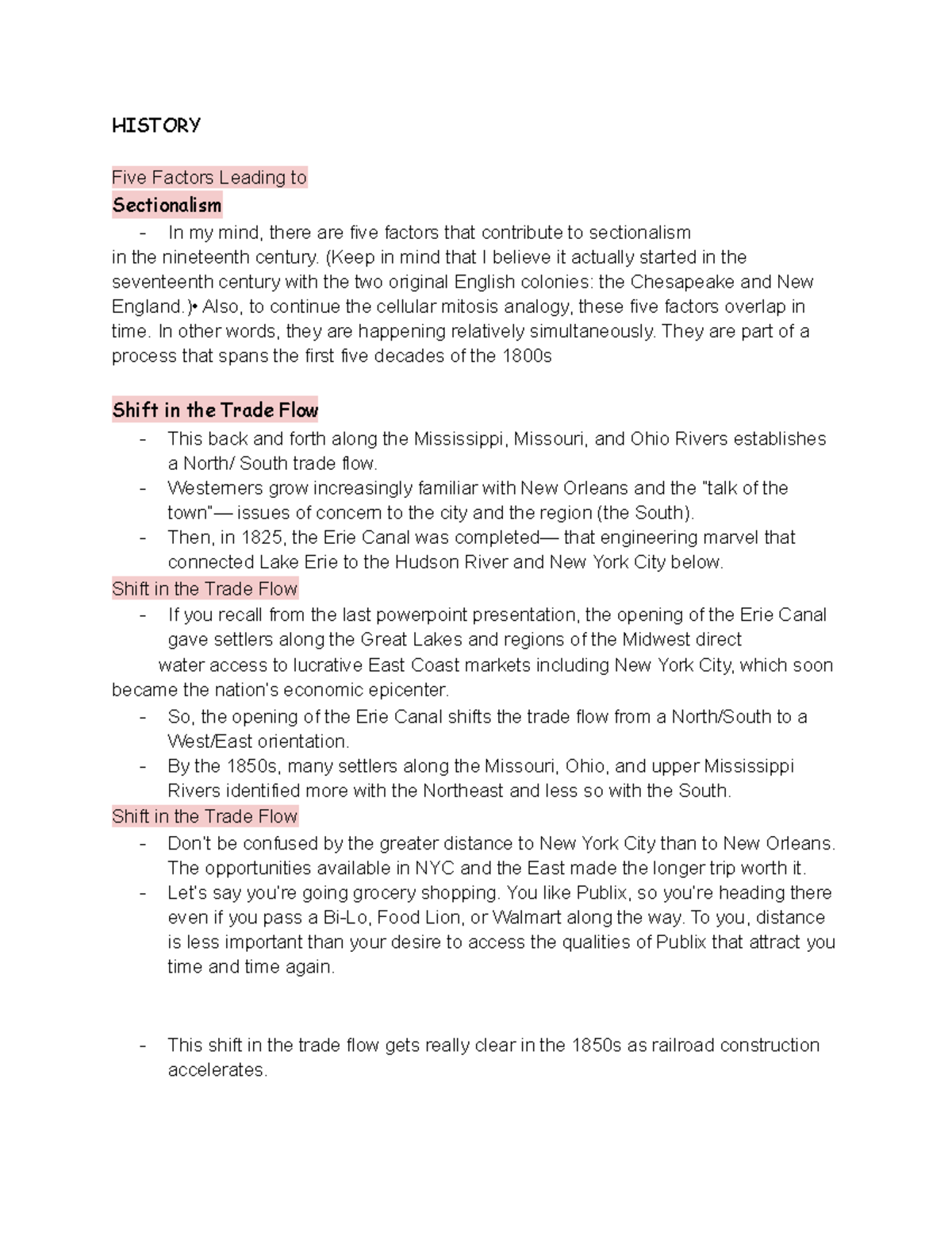 History Unit 2 notes - HISTORY Five Factors Leading to Sectionalism ...