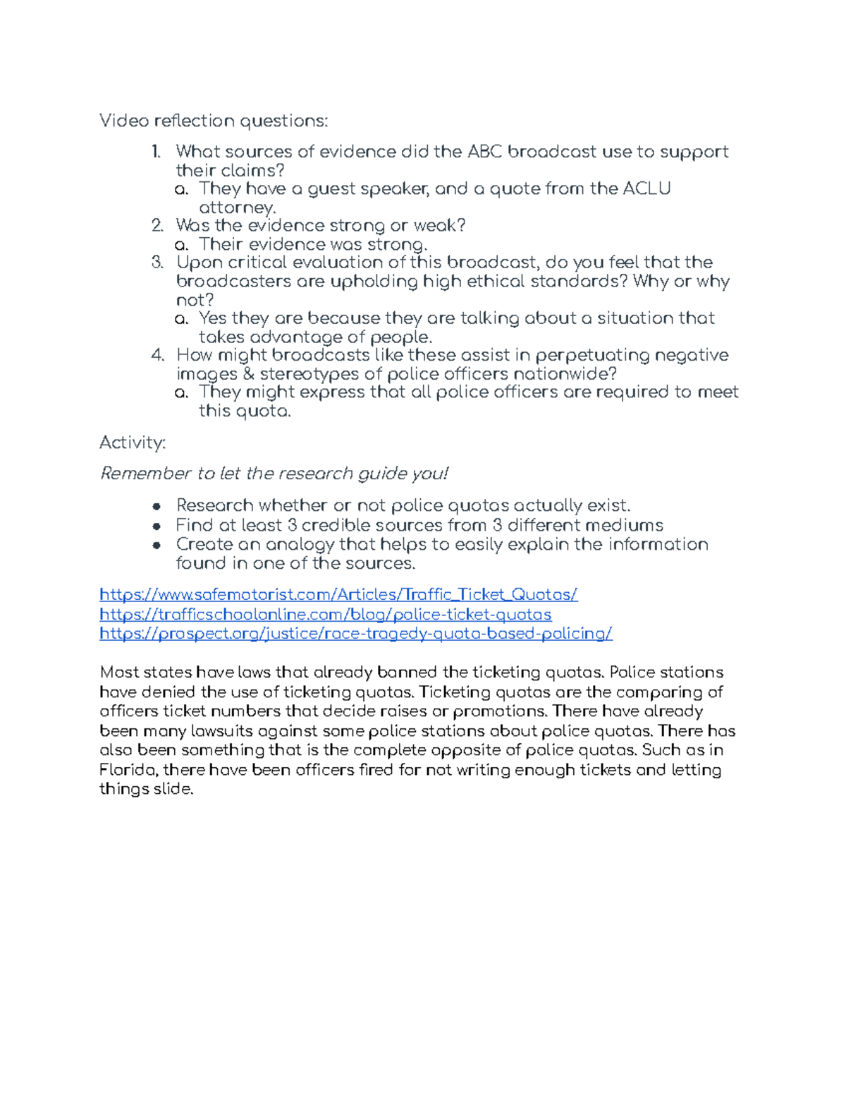 Police Quotas Activity - Video reflection questions: What sources of ...