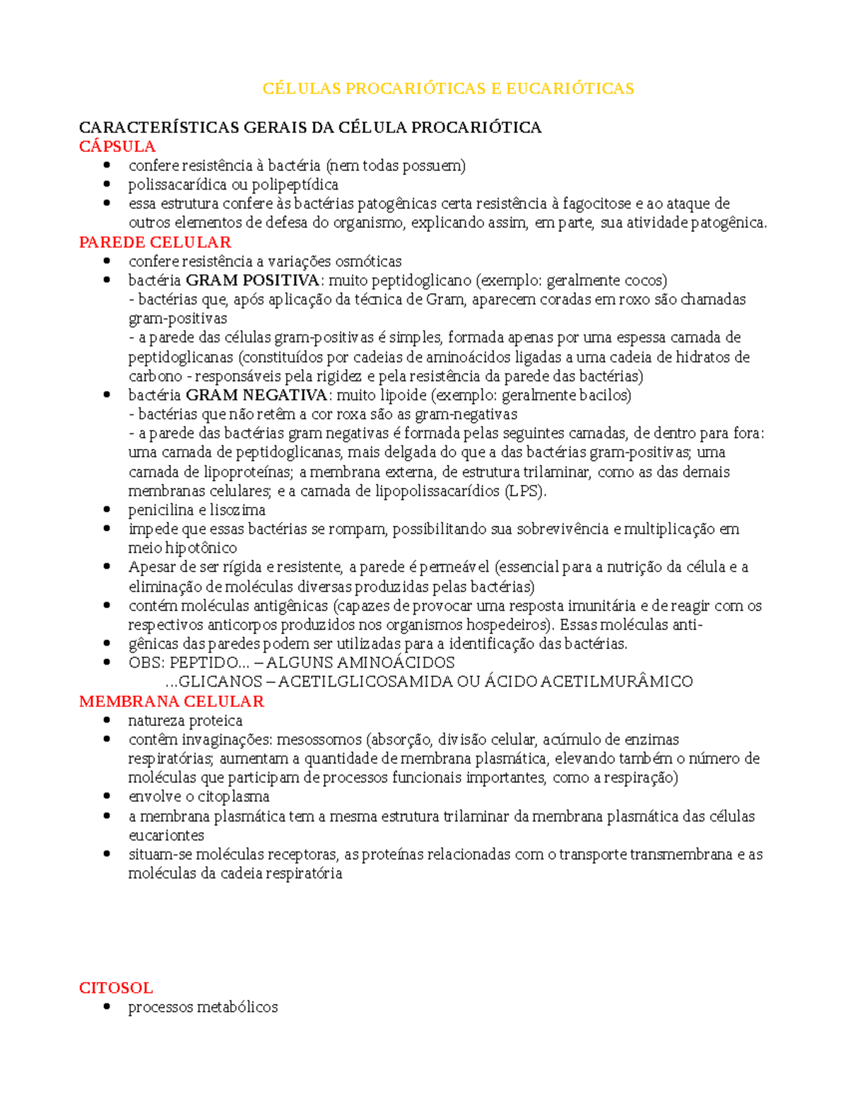 Resumo para Biocel AVC1 - CÉLULAS PROCARIÓTICAS E EUCARIÓTICAS CARACTERÍSTICAS GERAIS DA CÉLULA ...