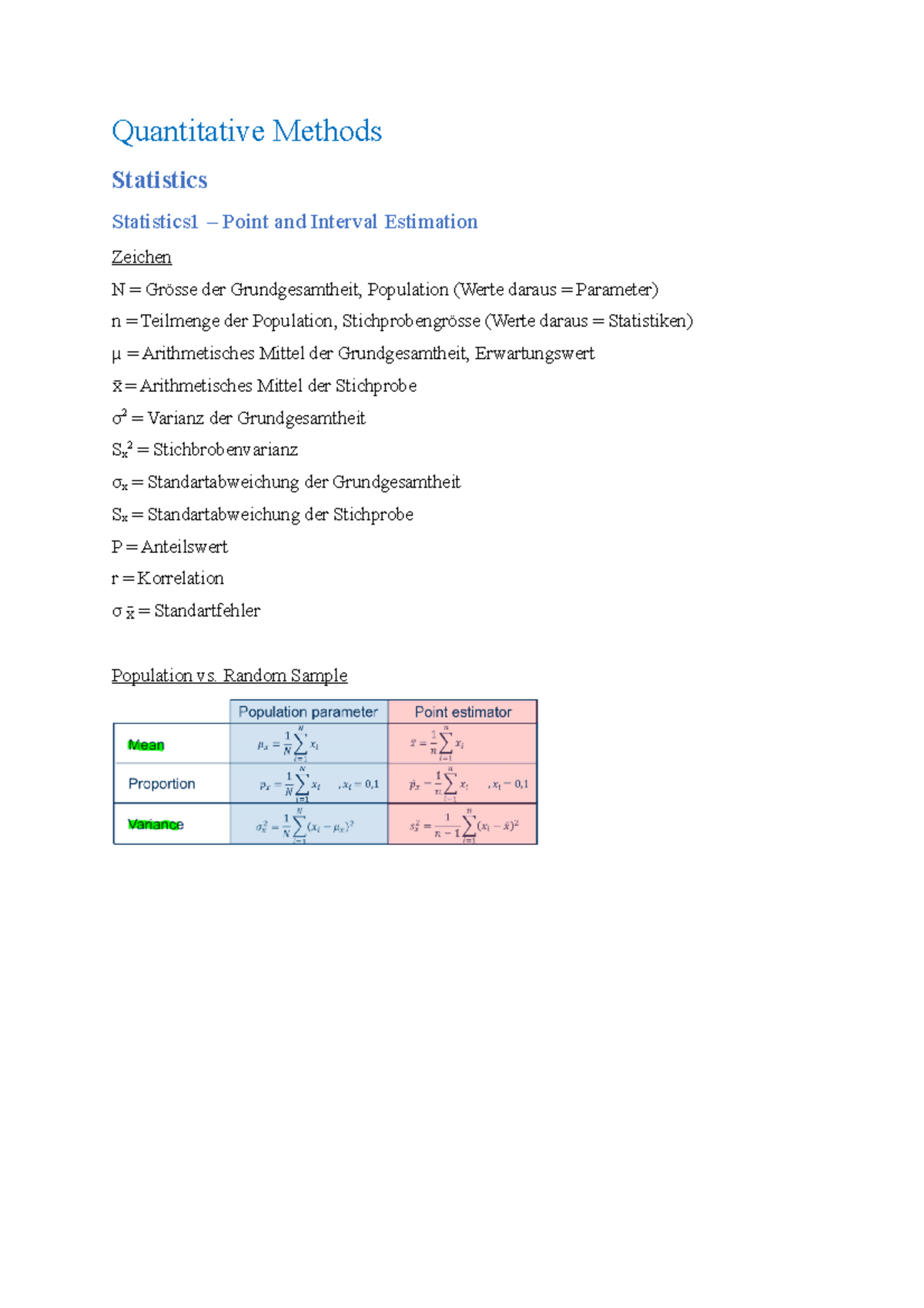 Summary Quantitative Methods - Quantitative Methods Statistics Statistics1 – Point and Interval ...