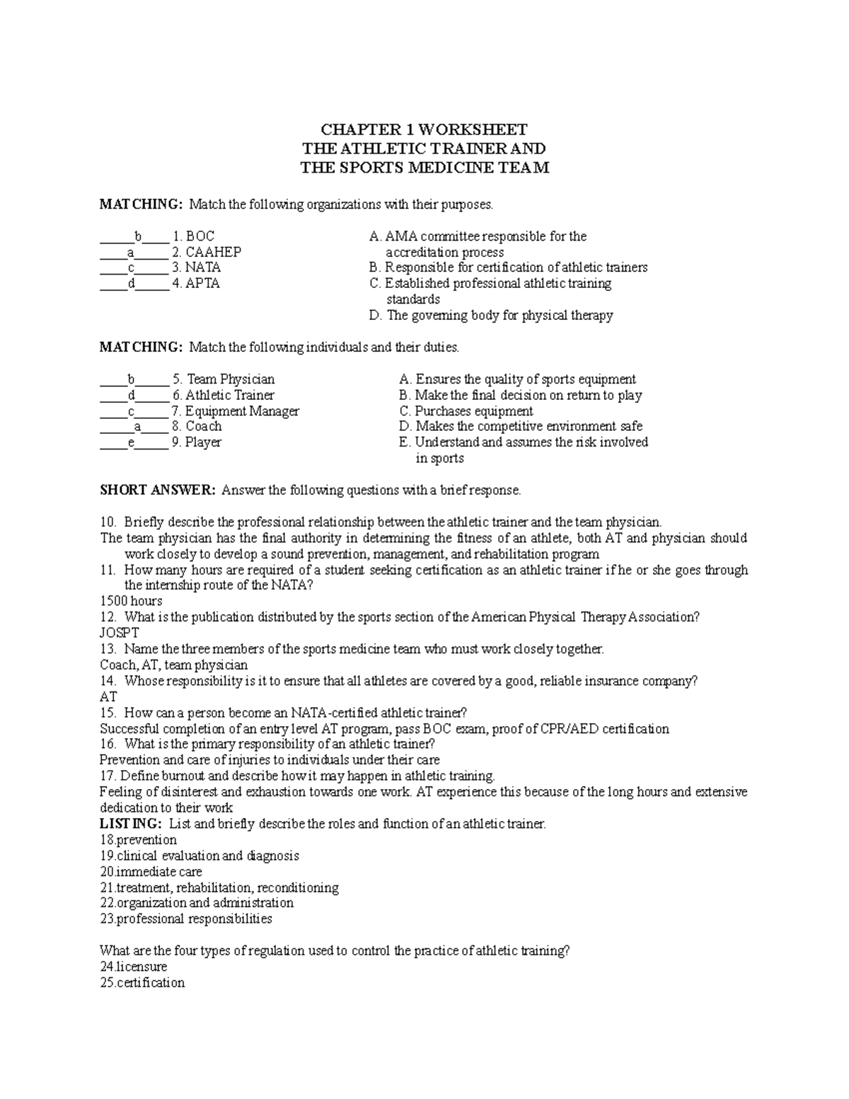 Domain 5 part 1 worksheets - CHAPTER 1 WORKSHEET THE ATHLETIC TRAINER ...