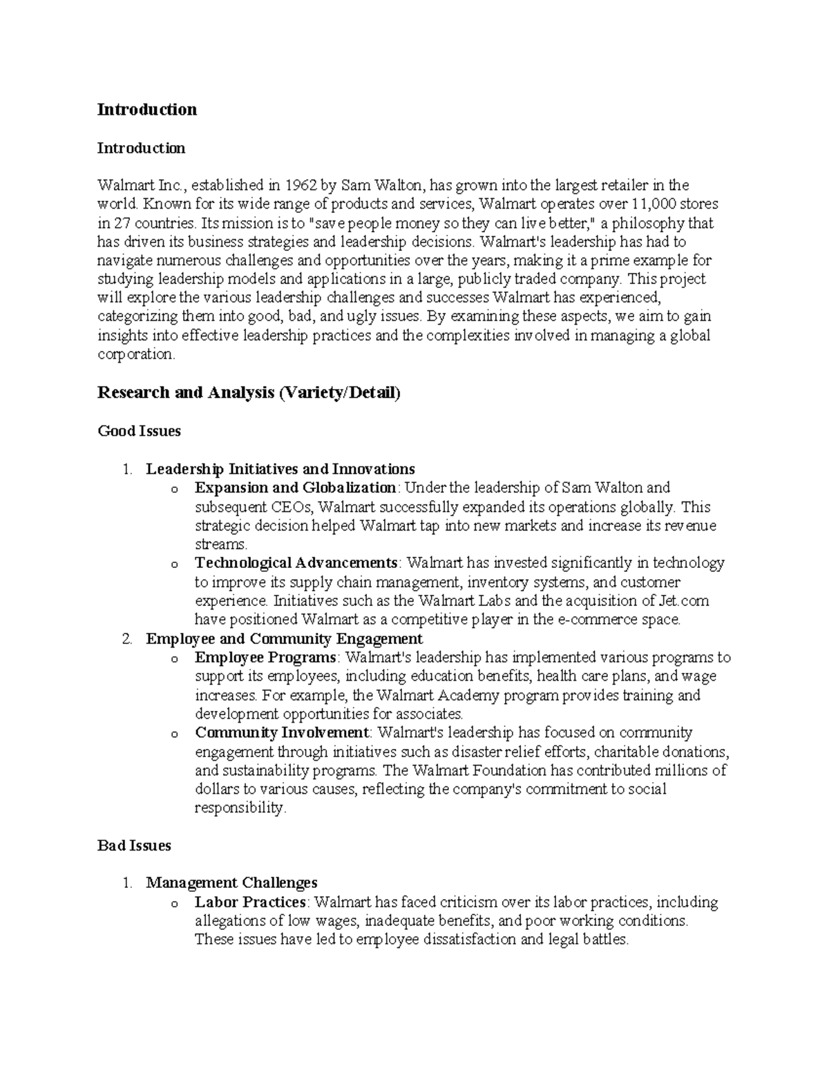 Group Project - A report of Good, Bad & Ugly issues of Walmart that ...