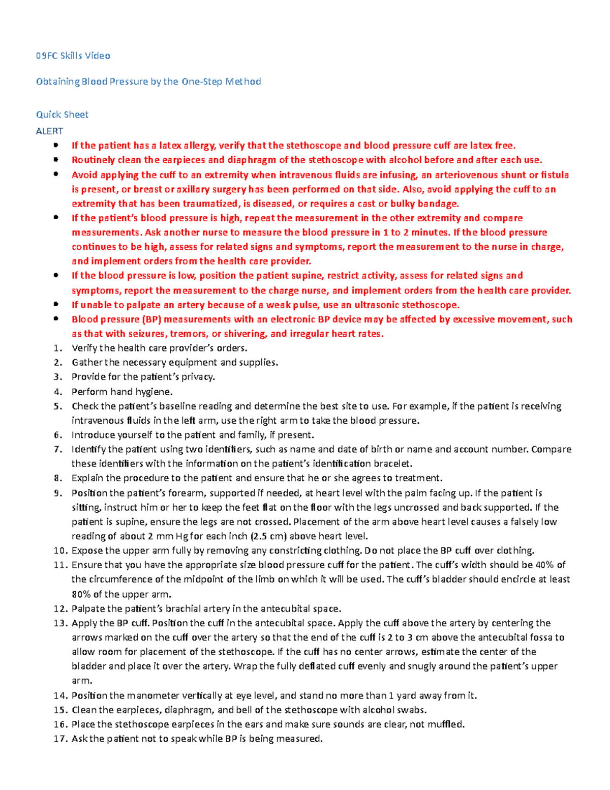 09FC Skills Video Obtaining Blood Pressure by the One-Step Method ...