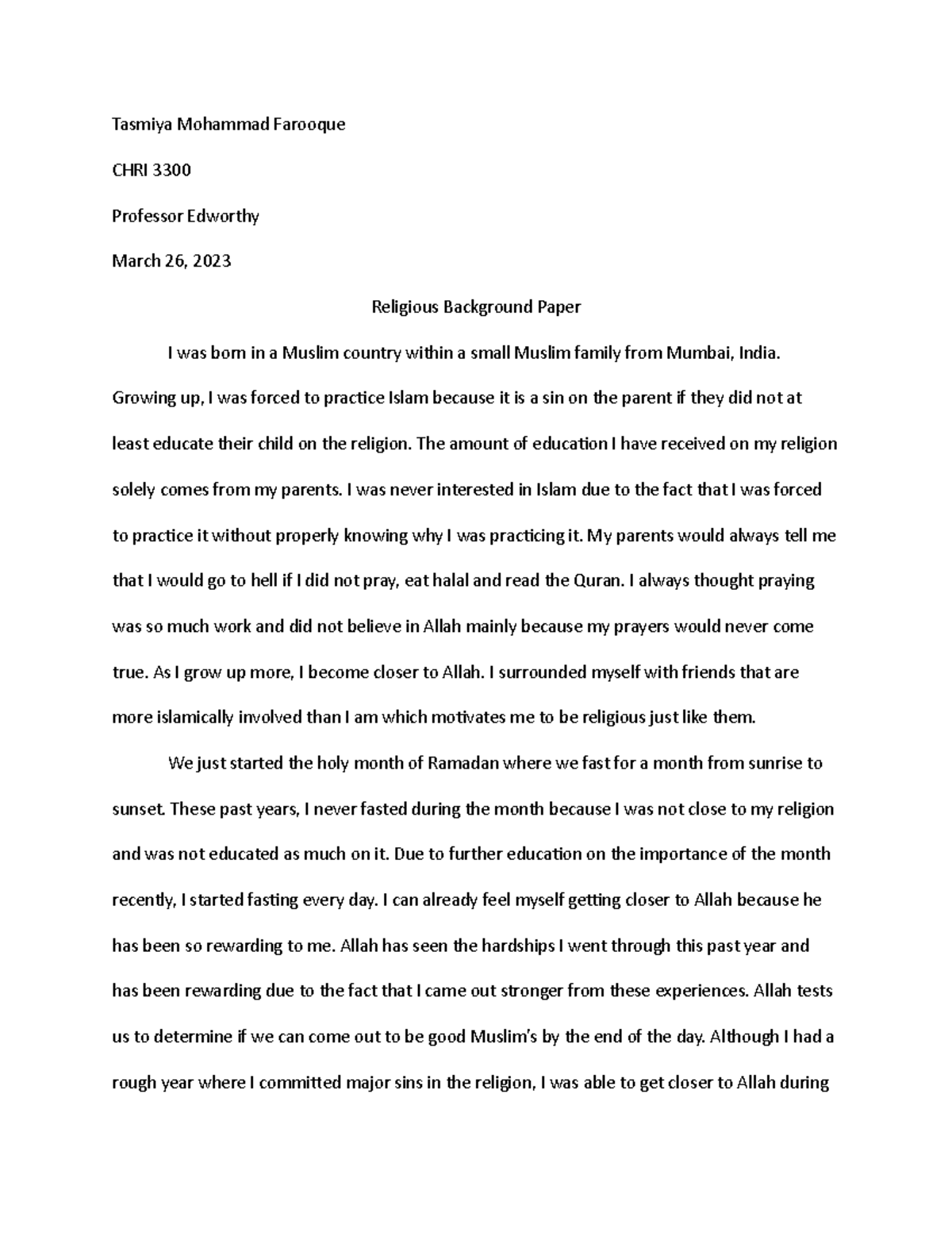 Religious background paper - Tasmiya Mohammad Farooque CHRI 3300 ...