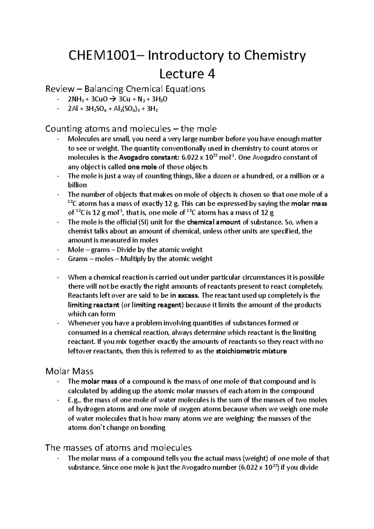 CHEM1001 - Lecture 4 - CHEM1001– Introductory to Chemistry Lecture 4 ...