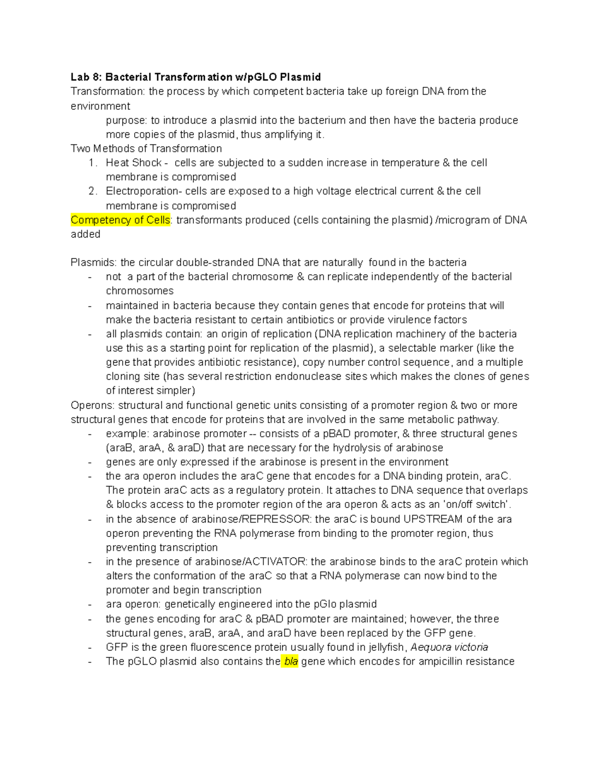 MBIOS 304 Practical #2 - Lab 8: Bacterial Transformation w/pGLO Plasmid ...