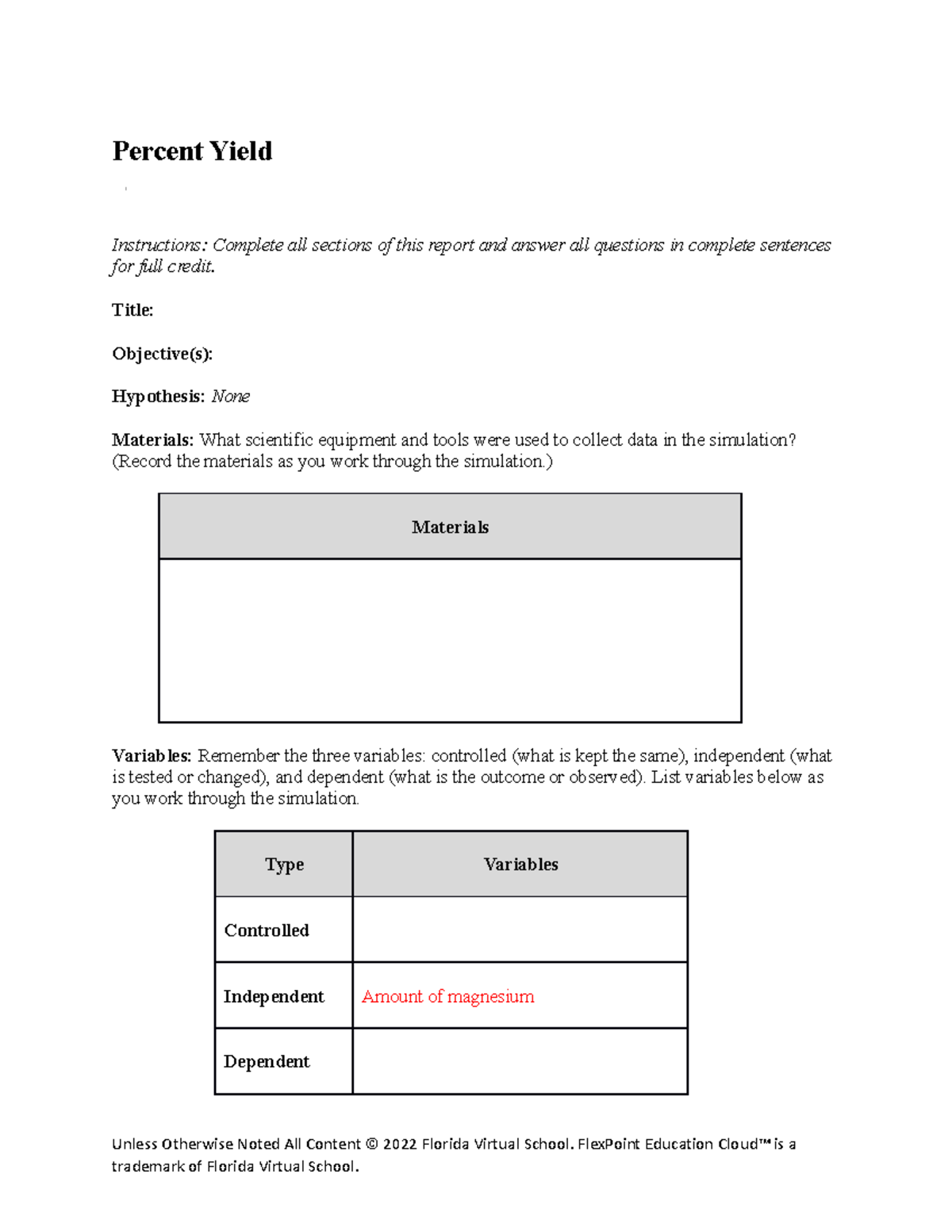 Worksheet 05 07 - gives info - Percent Yield Instructions: Complete all ...