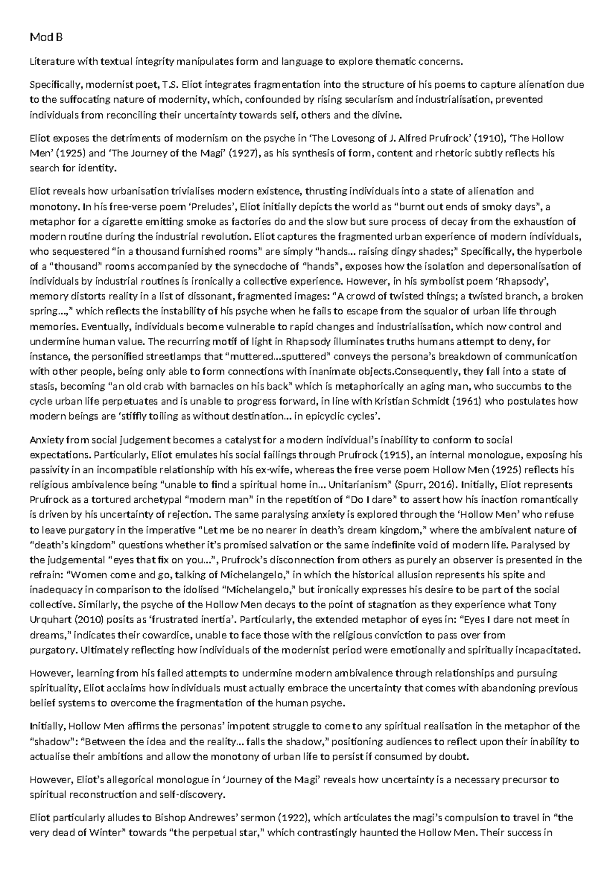 Module B Sample Essay - Mod B Literature with textual integrity ...