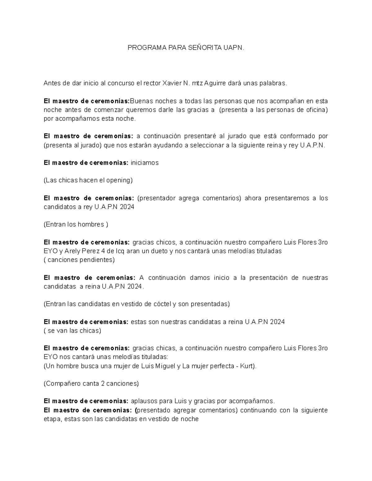 Programa - reyna - PROGRAMA PARA SEÑORITA UAPN. Antes de dar inicio al ...