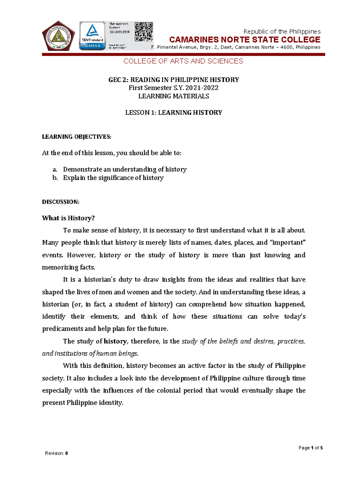 Lesson 1 Learning History ( Reading in Philippine History) - CAMARINES ...