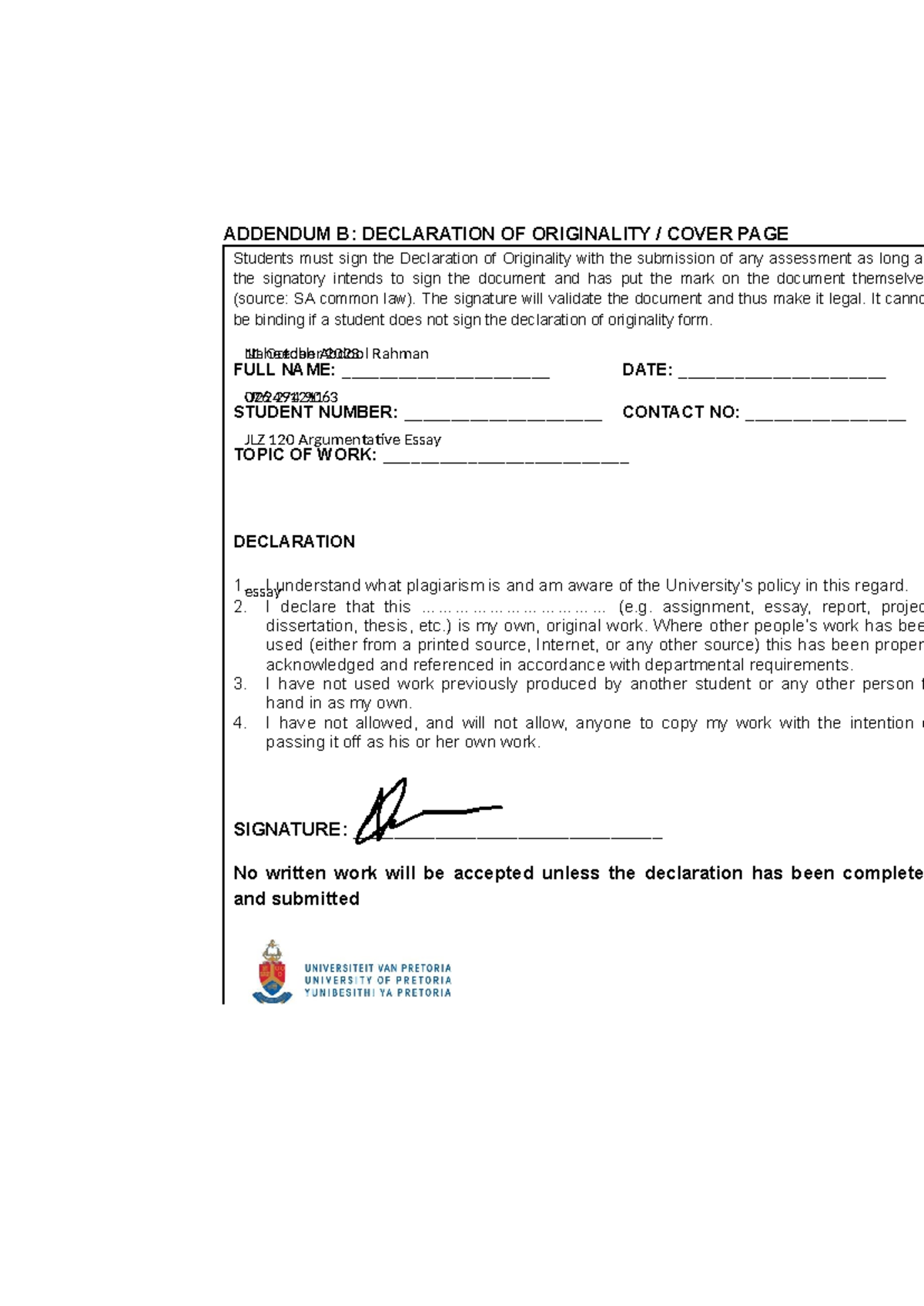 JLZ 120 Argumentative Essay - ADDENDUM B: DECLARATION OF ORIGINALITY ...