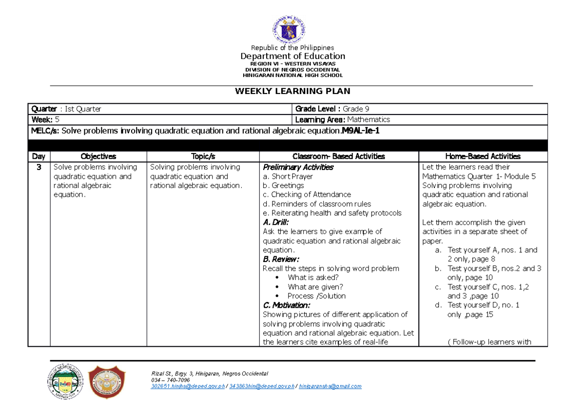 G9 Math WLP - none - Republic of the Philippines Department of ...
