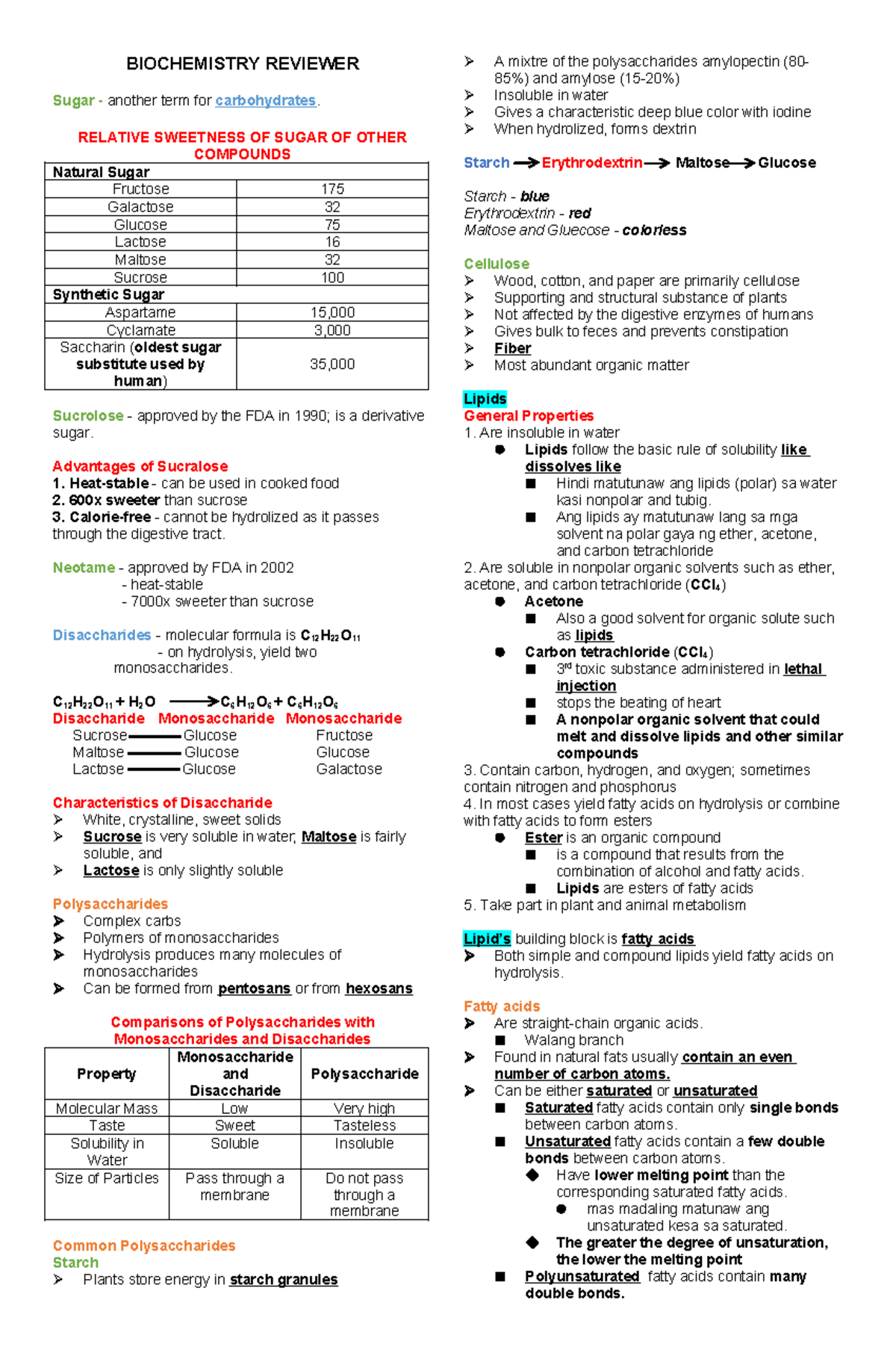 Biochemistry Reviewer - BIOCHEMISTRY REVIEWER Sugar - another term for ...
