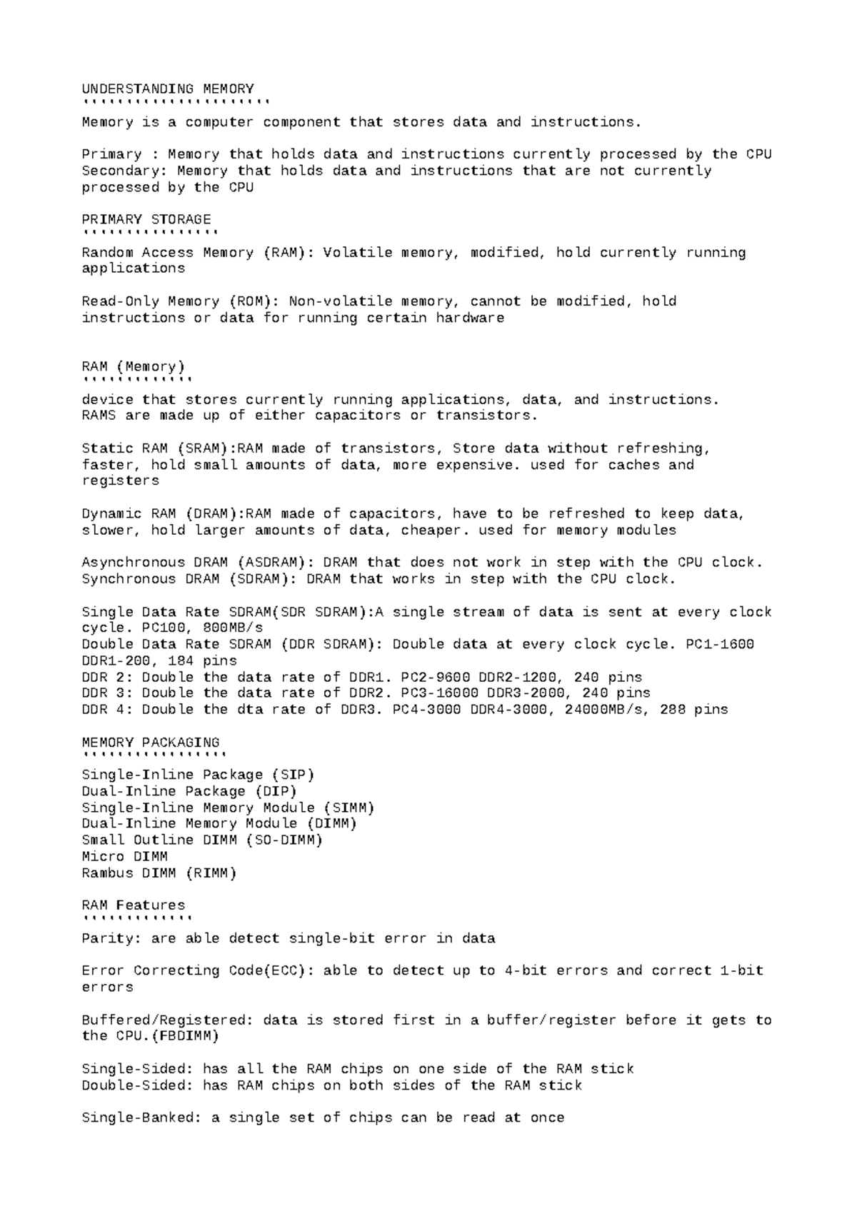 Understanding memory - UNDERSTANDING MEMORY '''''''''''''''''''''' Memory is a computer ...