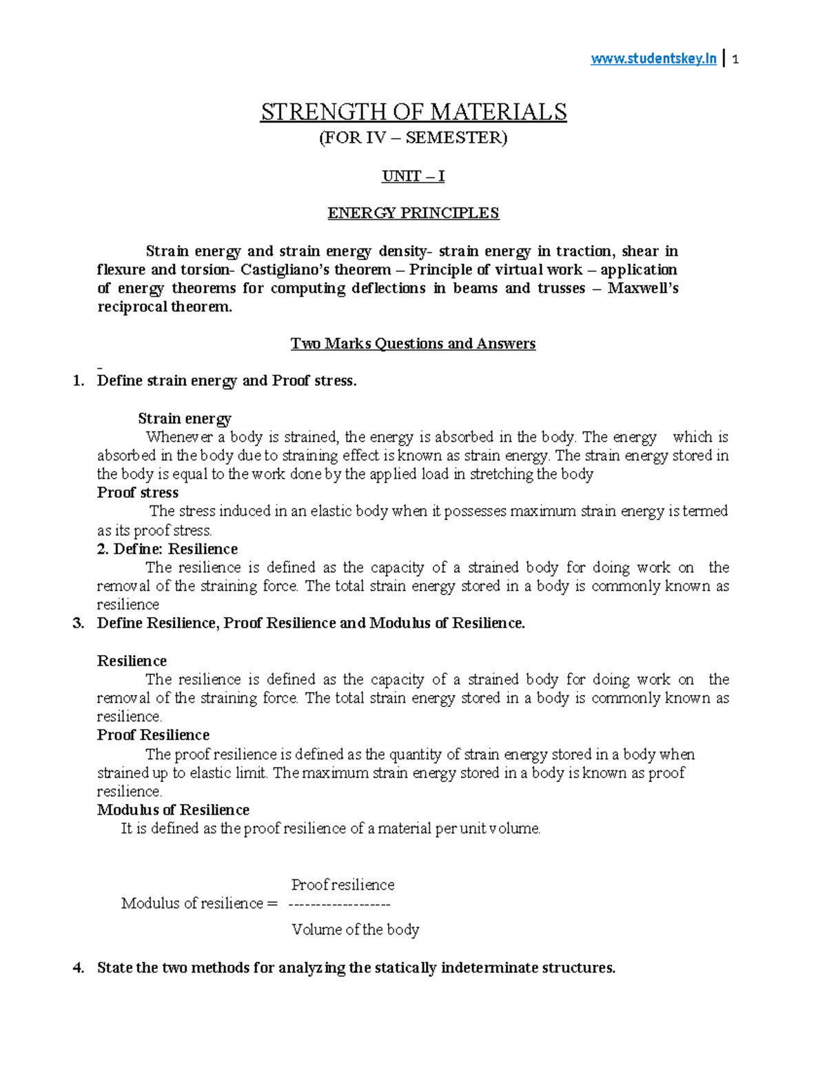 Strength OF Materials - STRENGTH OF MATERIALS (FOR IV – SEMESTER) UNIT ...