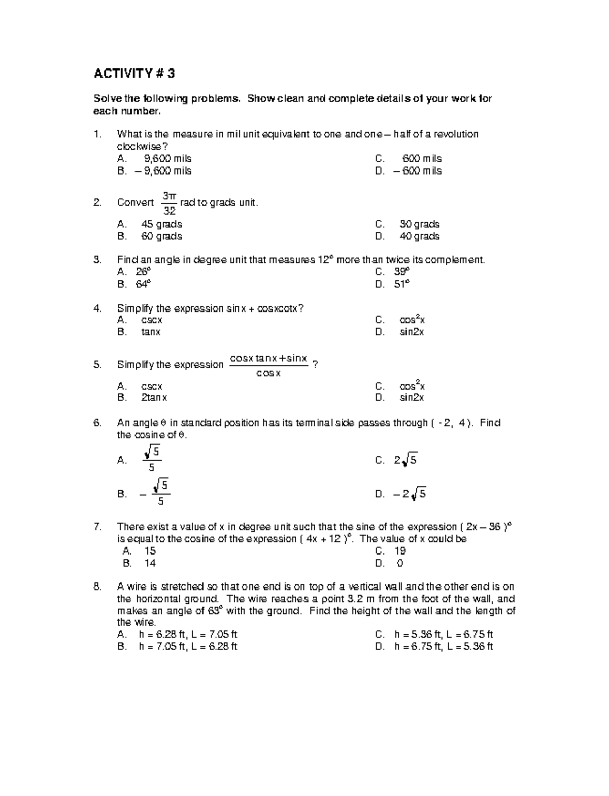 Trigo ACT3pdf - Practice - ACTIVITY # 3 Solve the following problems ...
