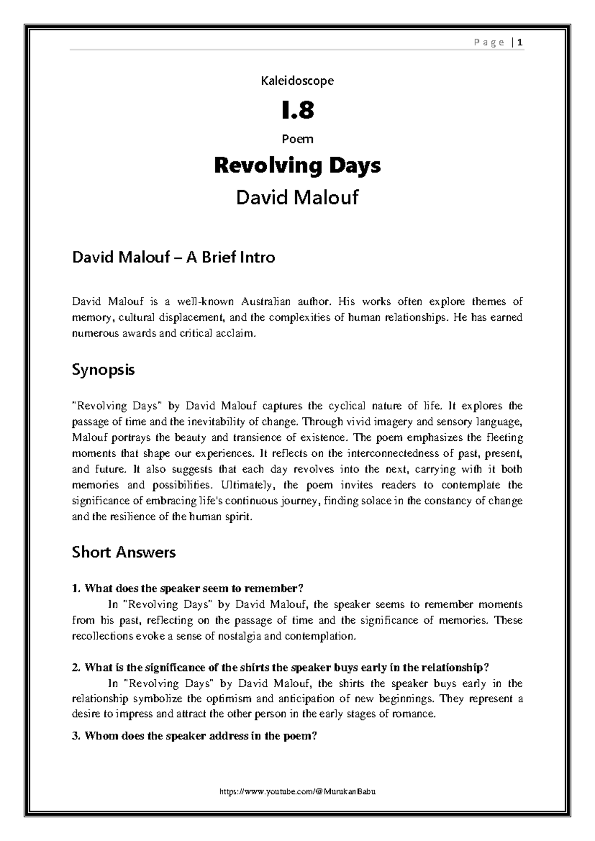 8 Revolving Days David Malouf Complete Notes - Kaleidoscope I. Poem ...
