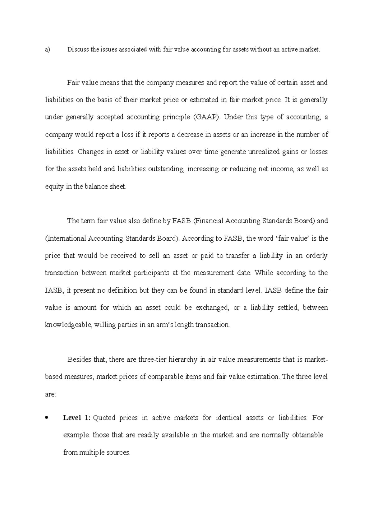 Docx - fair value measurement - a) Discuss the issues associated with ...