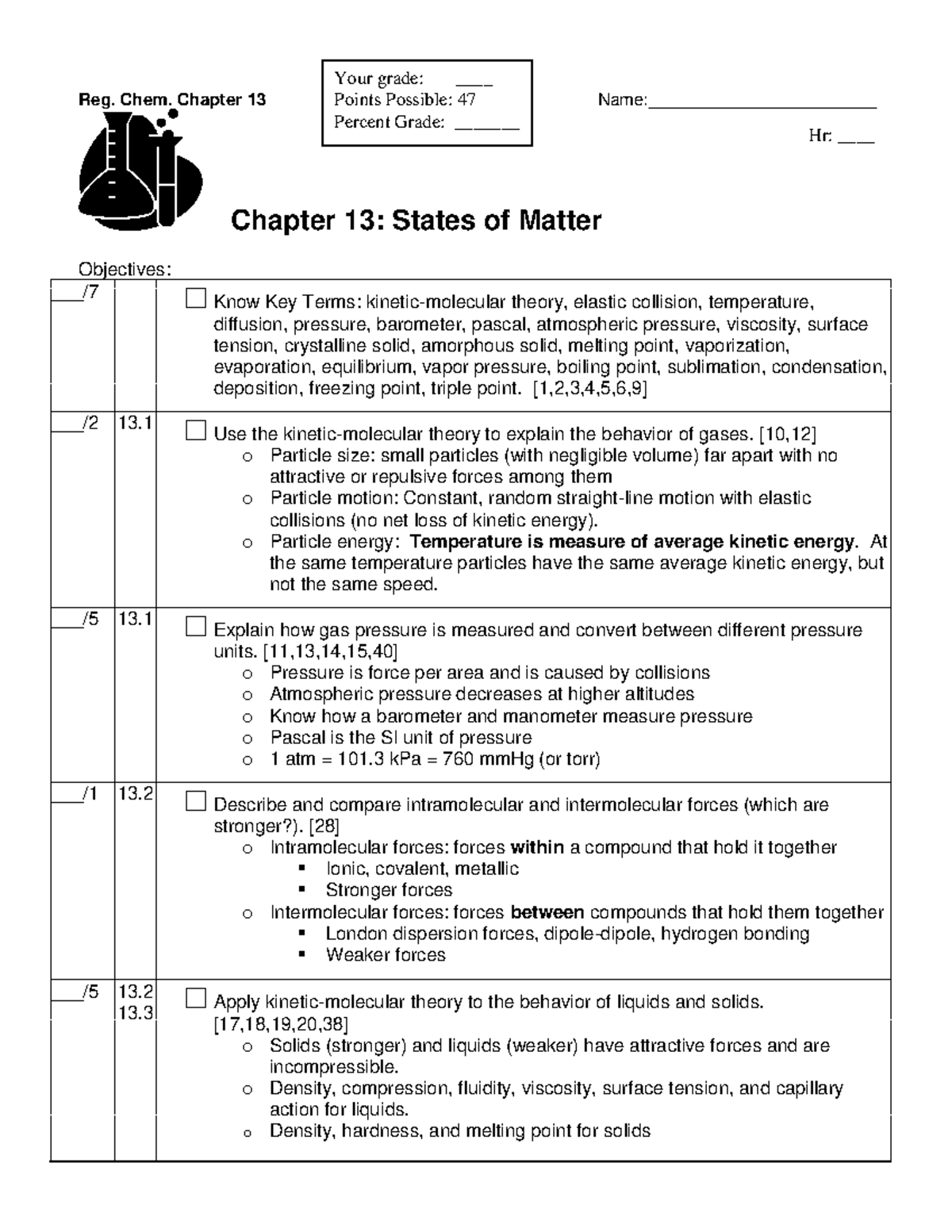 Chapter 13 Objective Notes - Hr: ____ Reg. Chem. Chapter 13 Name