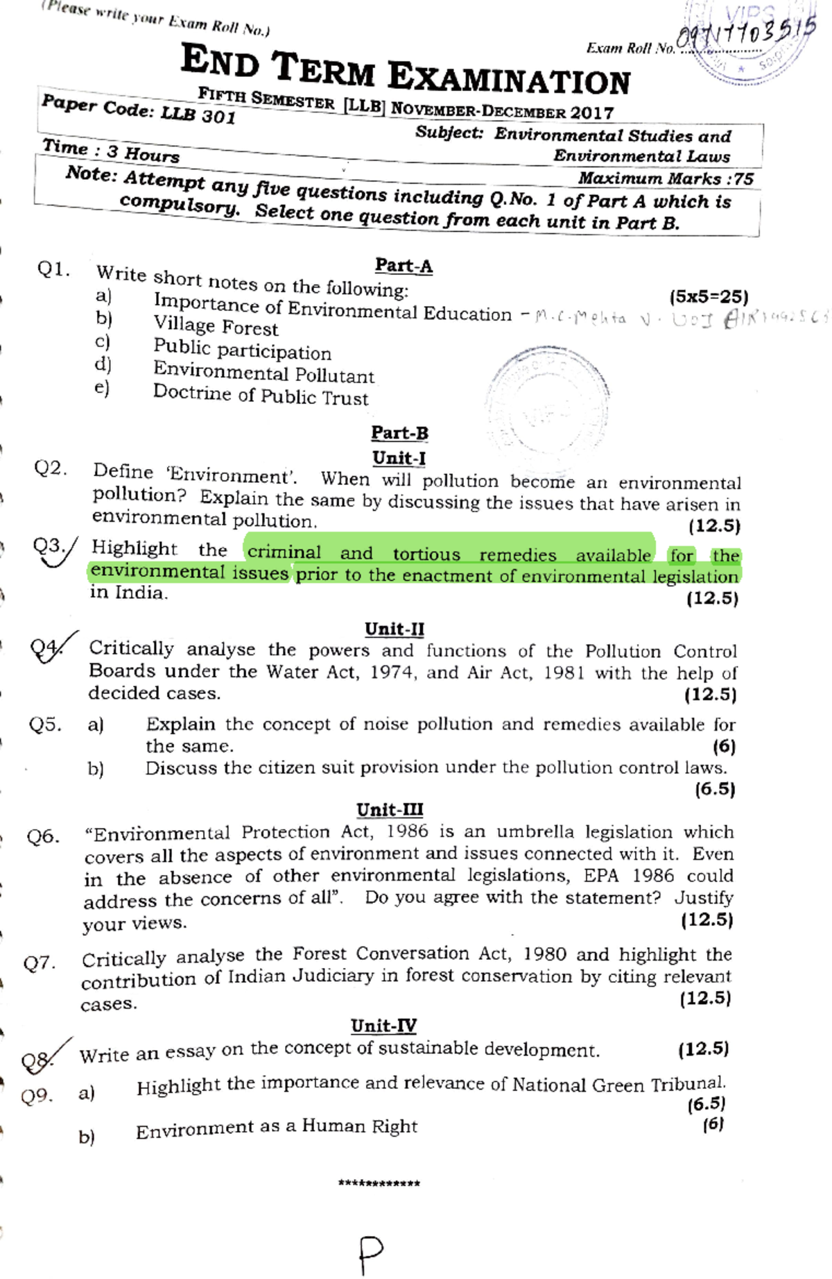 Environment Law Previous Year Papers 5th sem - (Please write your Exam ...