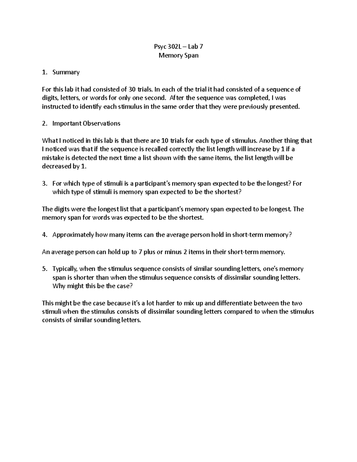 Working Memory Summary Completed Psyc 302l Lab 7 Memory Span Summary For This Lab It Had