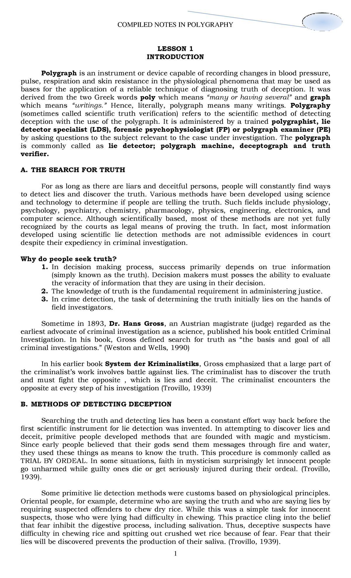 Lie Detection Techniques Lesson 1 Introduction Polygraph Is An Instrument Or Device Capable Of