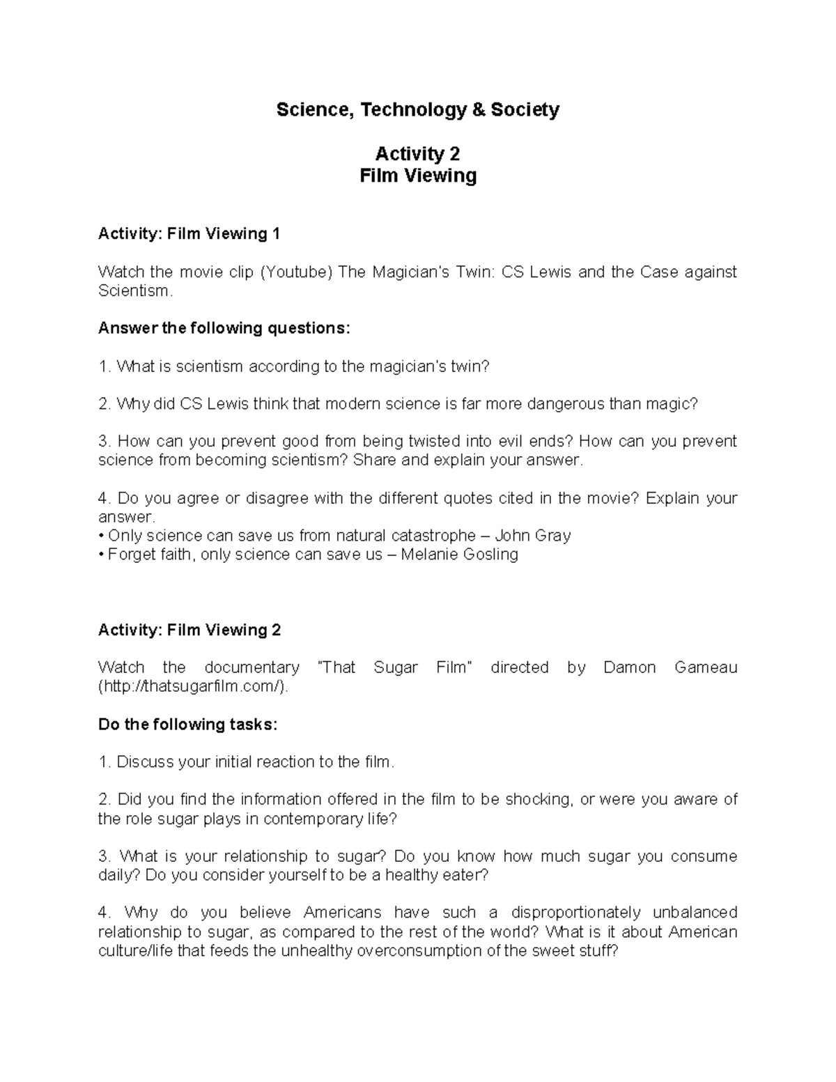 STS Activity - Science, Technology & Society Activity 2 Film Viewing ...