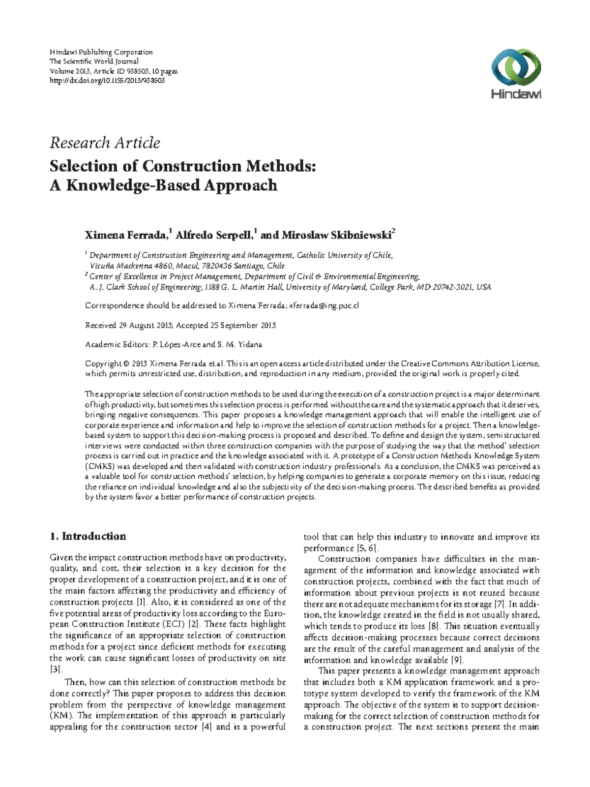 Research Article Selection of Construction Methods: A Knowledge-Based ...