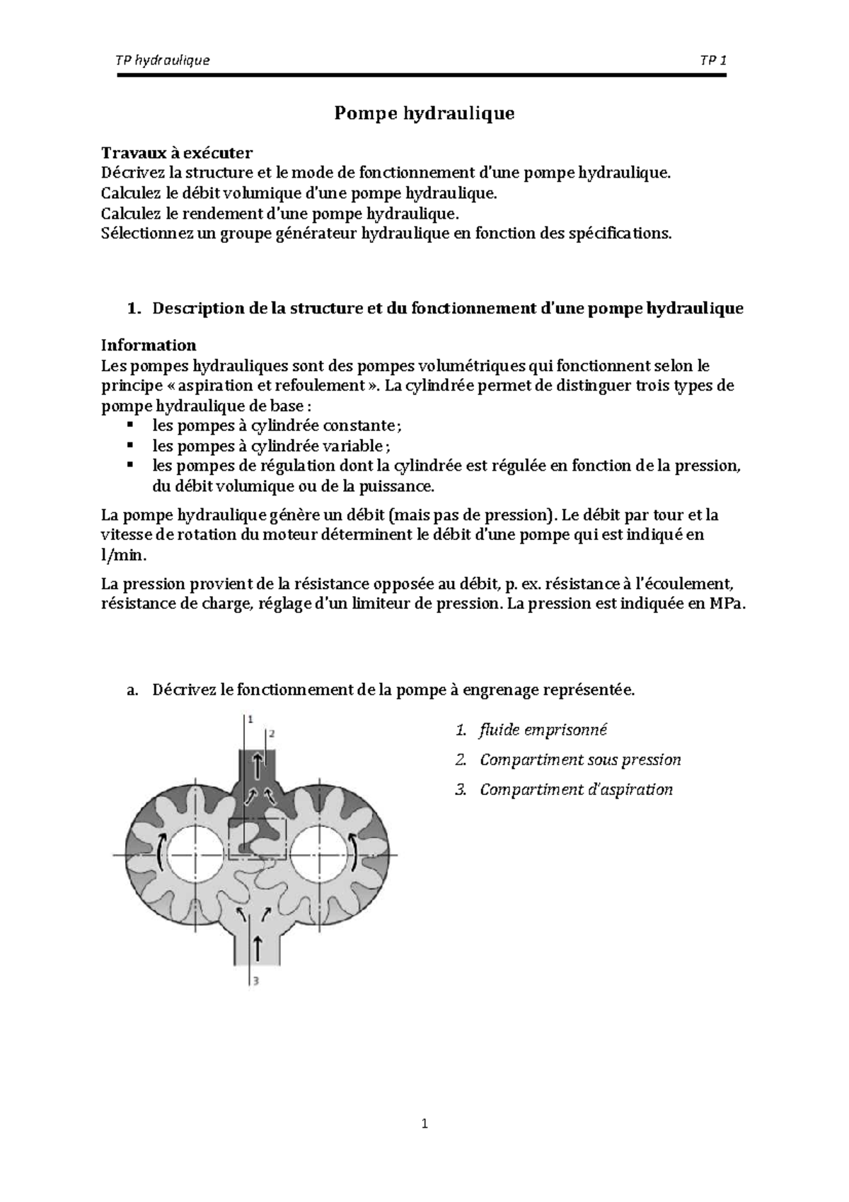 TP 1 - Pompe hydraulique - Pompe hydraulique Travaux à exécuter ...