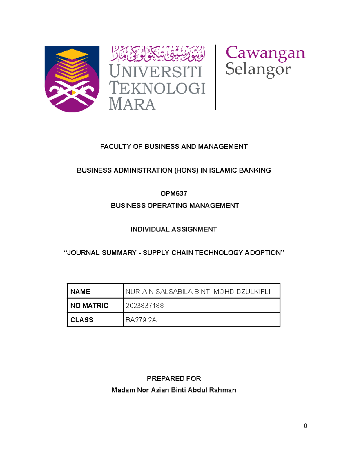 OPM 537 Individual Assingment - FACULTY OF BUSINESS AND MANAGEMENT ...