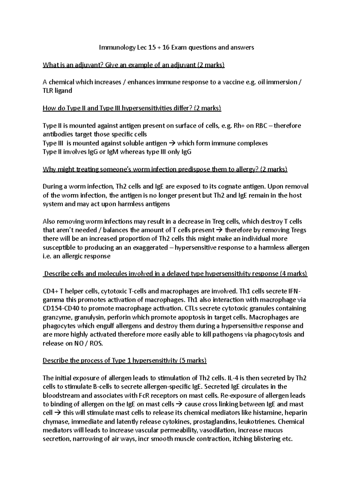 Exam 2015, questions and answers - Immunology Lec 15 + 16 Exam questions and answers What is an ...