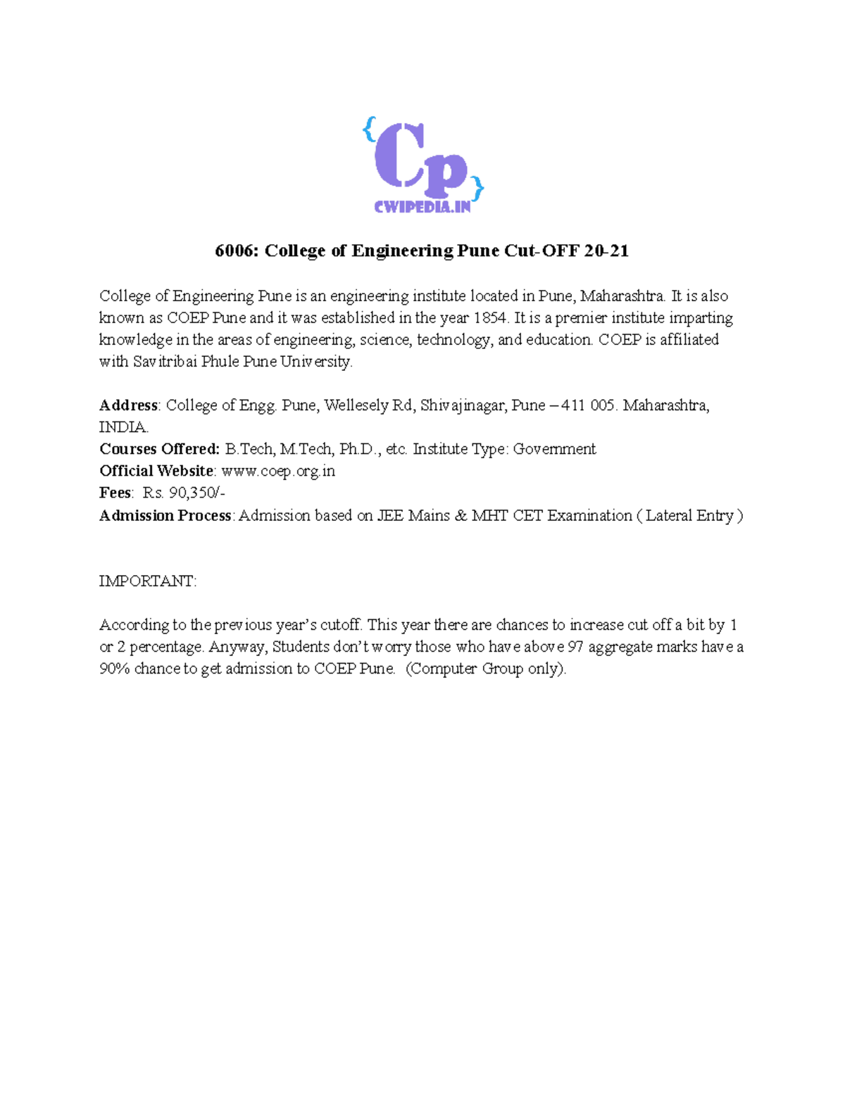 COEP-DSE-Cut Off - 6006: College of Engineering Pune Cut-OFF 20 ...