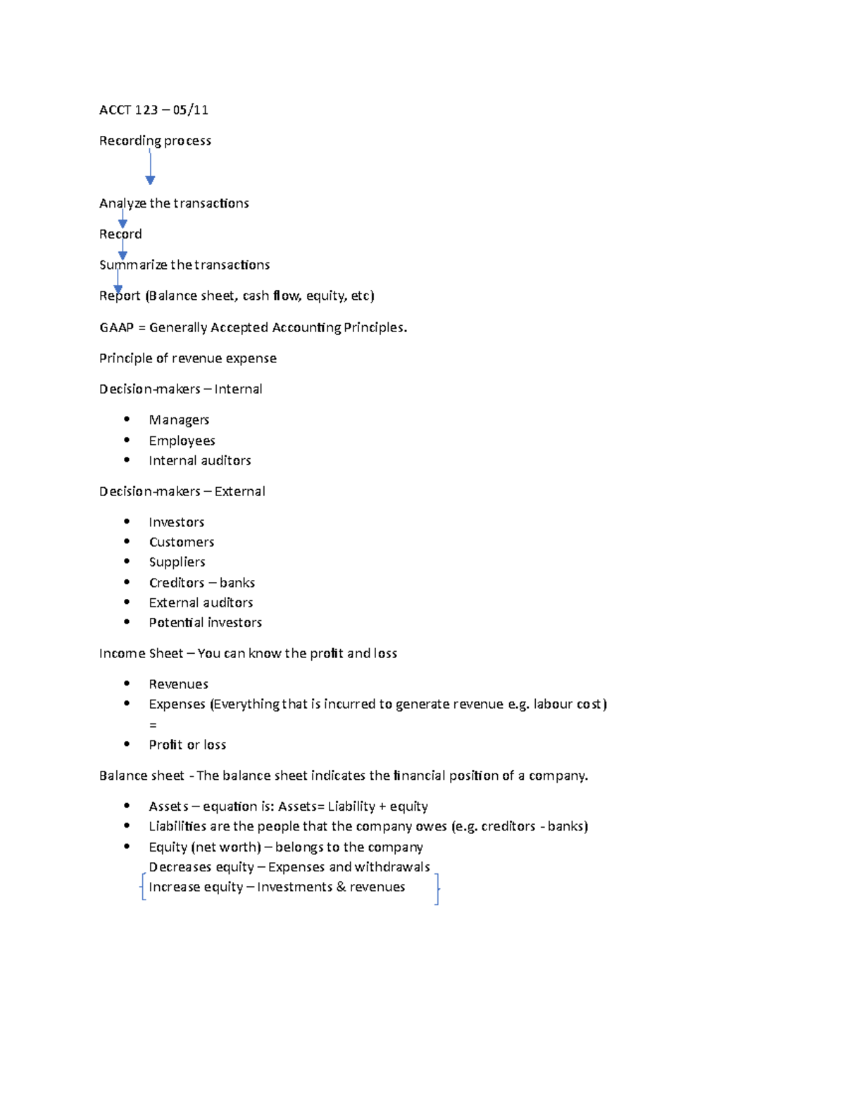 ACCT 123 - Class notes - ACCT 123 – 05/ Recording process Analyze the ...