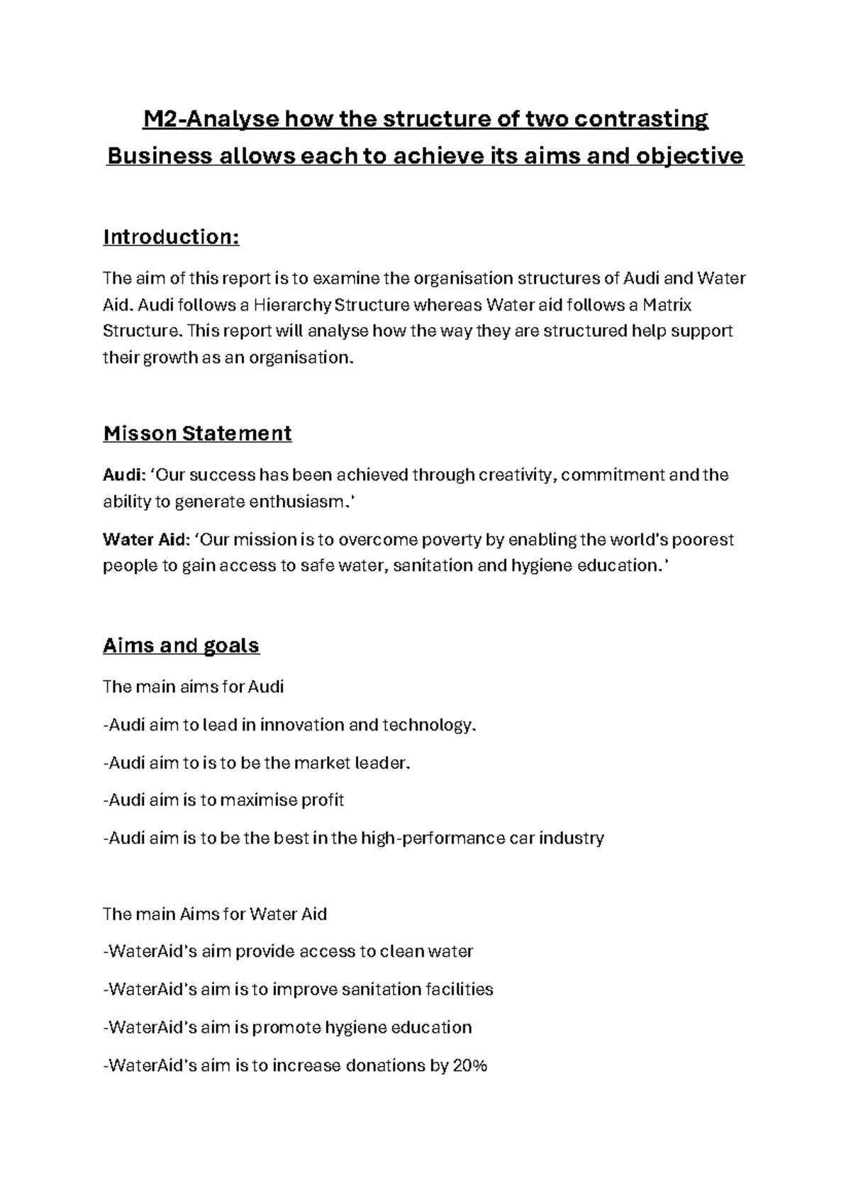 M2 - M2 task on a Business you choose Audi - M2-Analyse how the ...