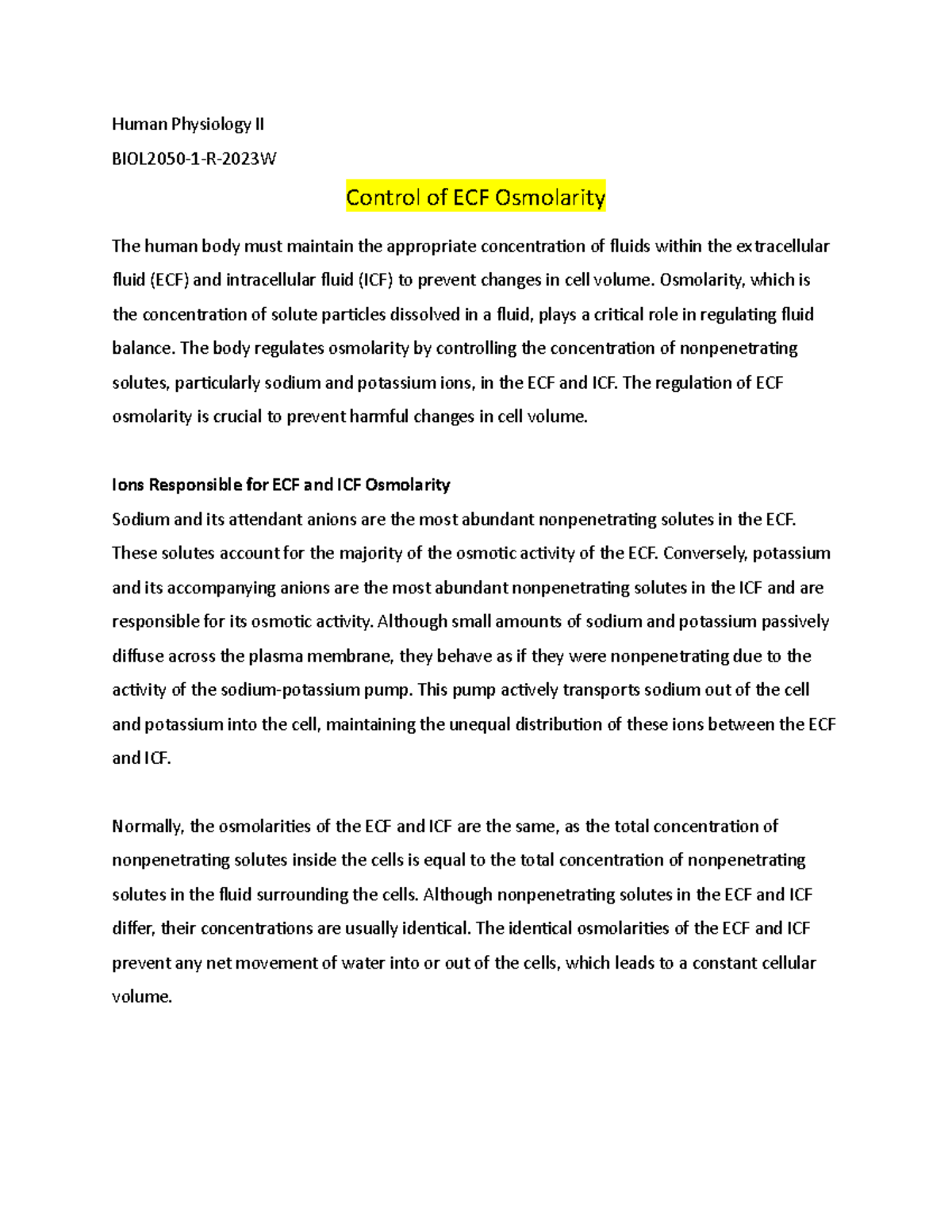 Human Physiology II Control of ECF Osmolarity - Human Physiology II ...