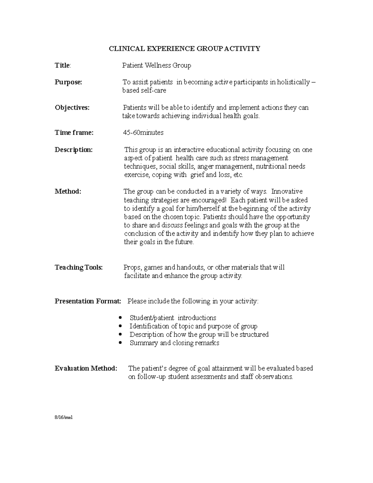 Group Activity Assignment, rev, 8,10(1) - CLINICAL EXPERIENCE GROUP ...