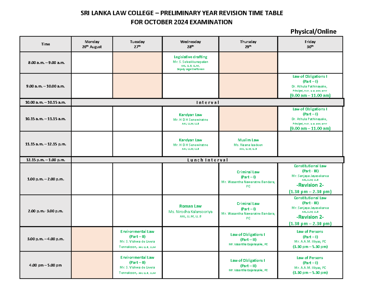 Revisions - Preli Time Table 26th - 30th August - SRI LANKA LAW COLLEGE ...