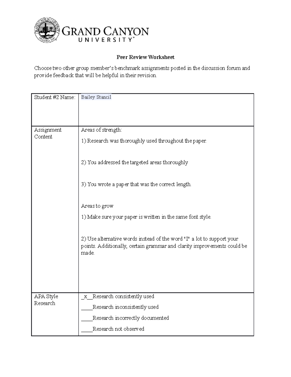 Bailey Peer Review Worksheet - Peer Review Worksheet Choose two other ...