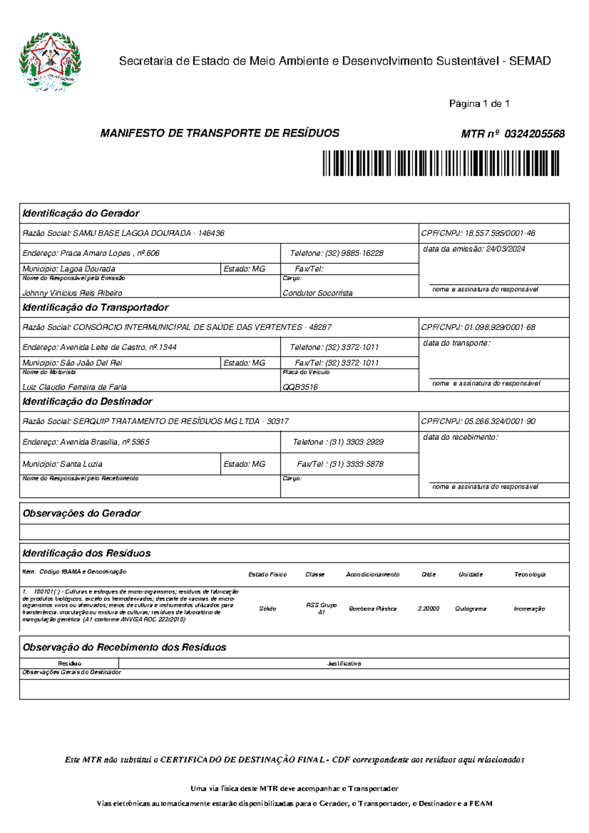 Manifesto 0324205568 - MANIFESTO DE TRANSPORTE DE RESÍDUOS MTR nº 0324205568 Secretaria de ...