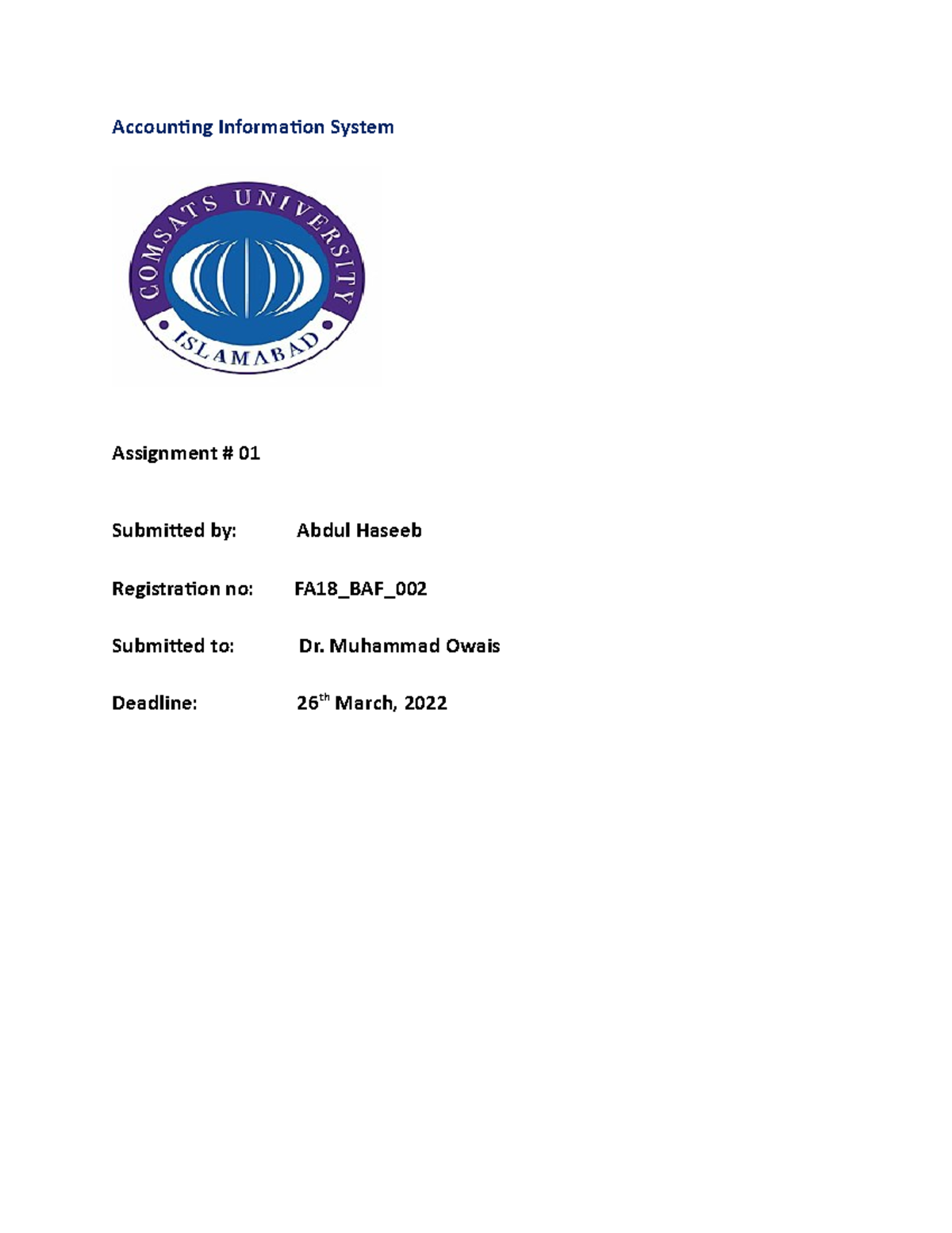 Abdul Haseeb - Strategic Management Accounting - Accounting Information System Assignment # 01 ...