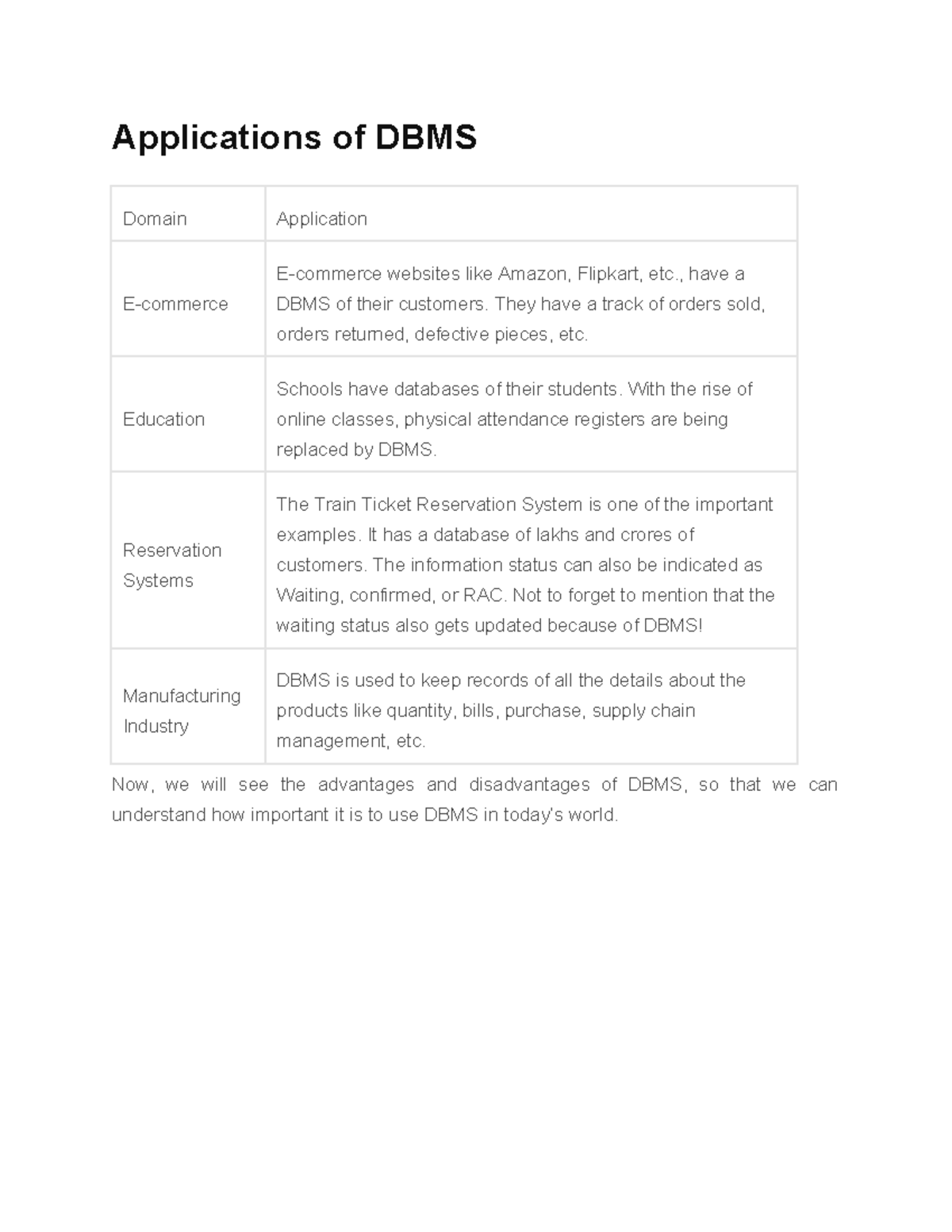 Applications of DBMS - good - Applications of DBMS Domain Application E ...