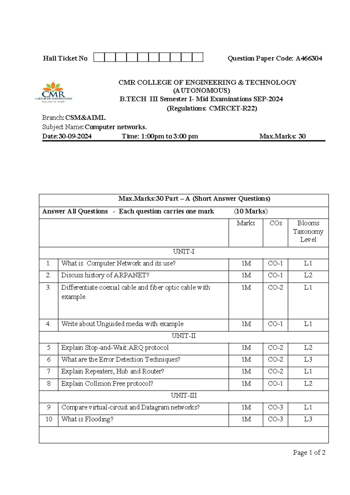 CN Questionpaper MID1 SET2 - Hall Ticket No Question Paper Code: A CMR ...