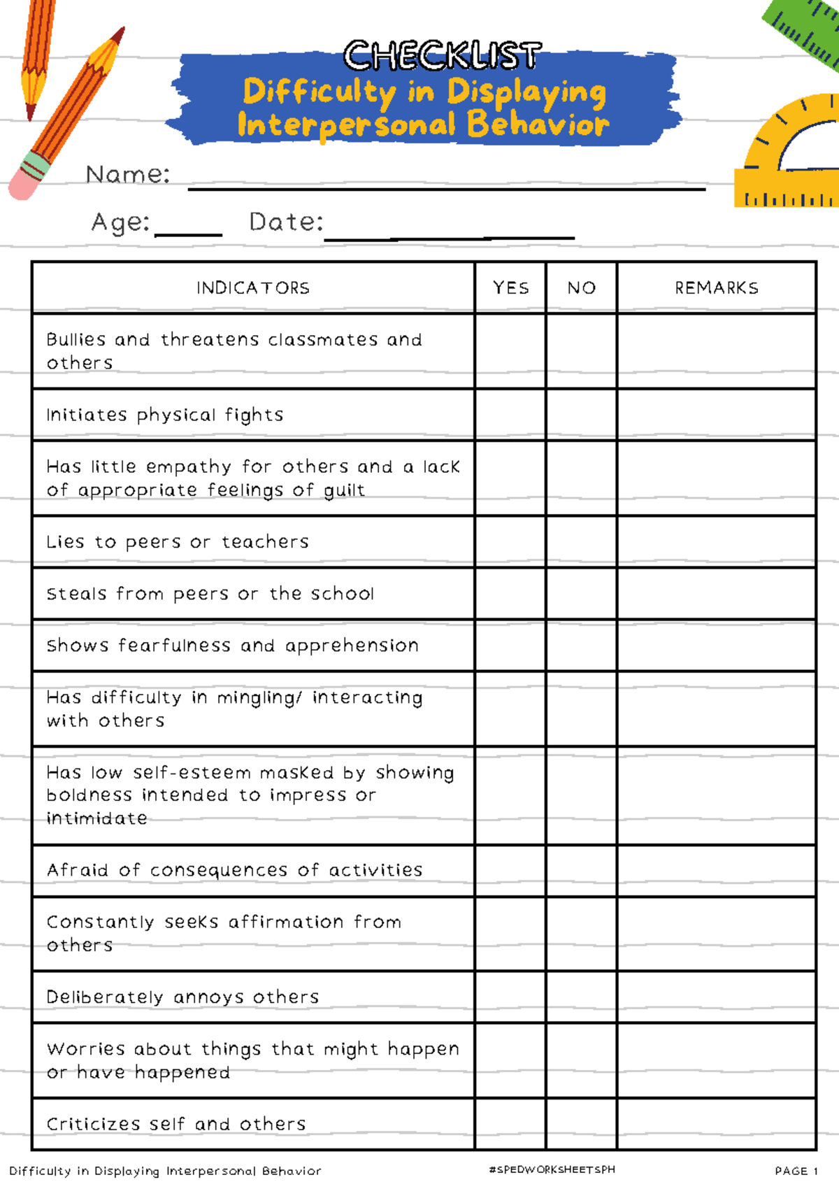 CHECKLIST-FOR-SPED-TEACHERS-1.pdf - Name: Age: INDICATORS YES NO ...